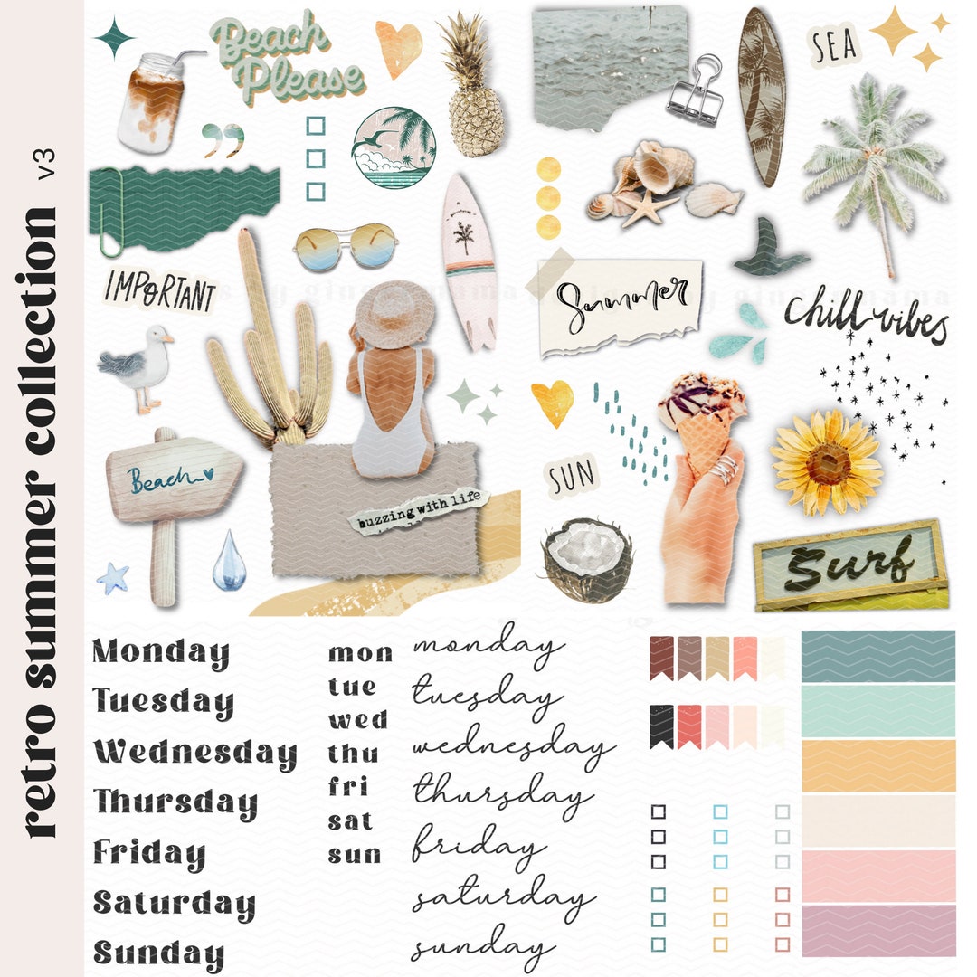 Retro Summer Collection V3, Digital Planner Stickers, Goodnotes, Summer ...