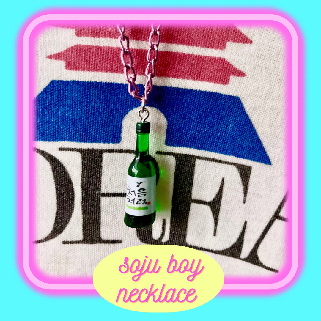 Soju Mini Bottle Pendant Necklace Adjustable Pink Aluminum Chain ...