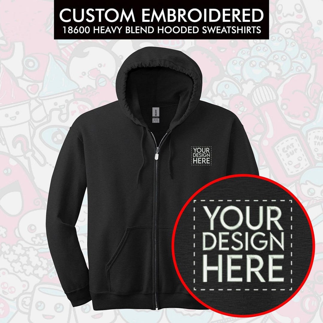 Custom Embroidered Full Zip Hoodie: Personalized Logo, Gildan Heavy ...