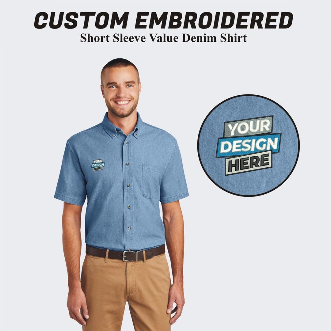 Custom Embroidered Shirt, Custom Short Sleeve Denim Shirt for Men ...