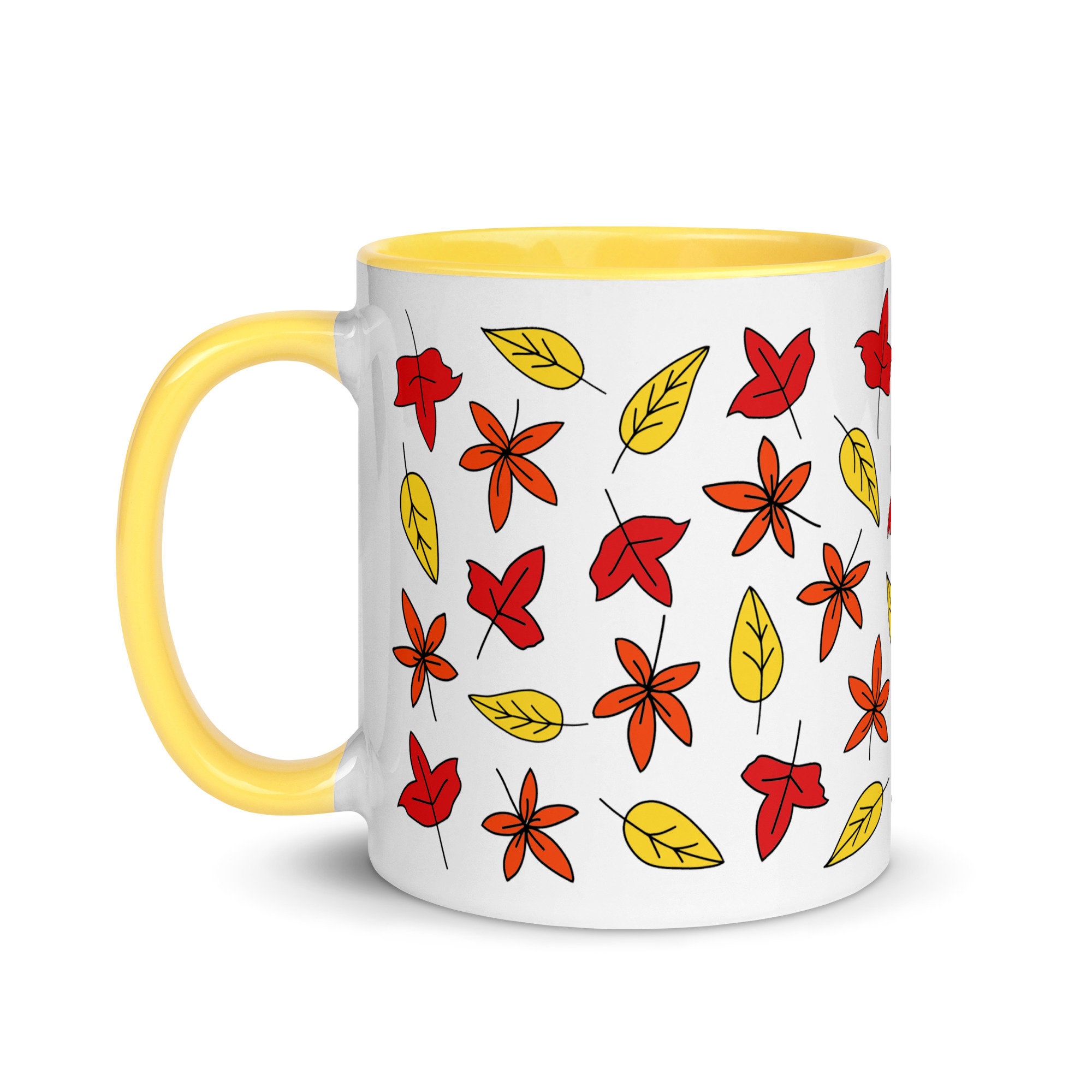 Autumn Leaves Mug Colourful Fall Leaves Hand Drawn Nature Theme Red Mug ...