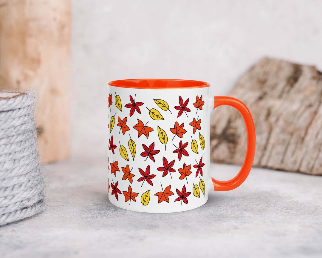 Autumn Leaves Mug Colourful Fall Leaves Hand Drawn Nature Theme Orange ...