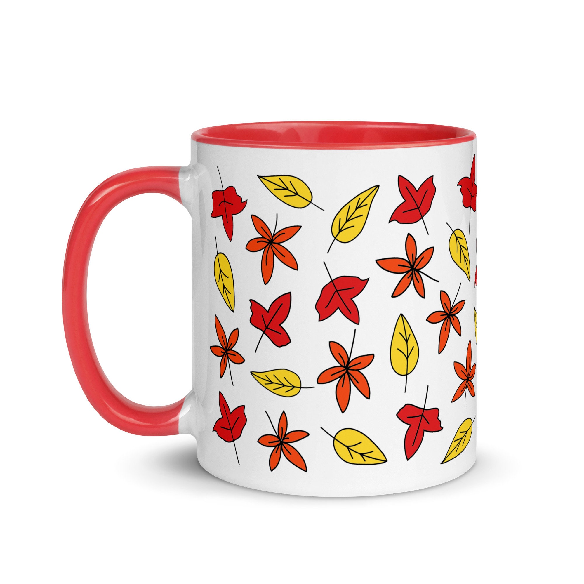Autumn Leaves Mug Colourful Fall Leaves Hand Drawn Nature Theme Red Mug ...