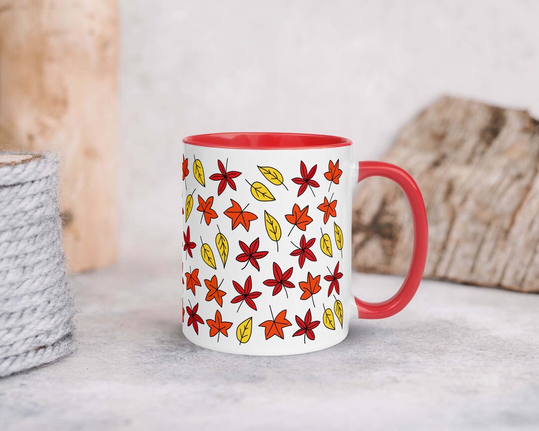 Autumn Leaves Mug Colourful Fall Leaves Hand Drawn Nature Theme Red Mug ...