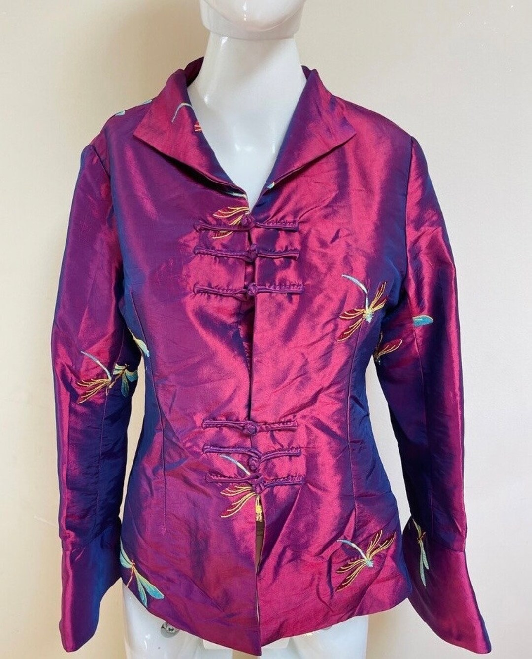 1950s Shantung Silk Chinese Dragonflies Mandarin Collar Frog Buttons ...