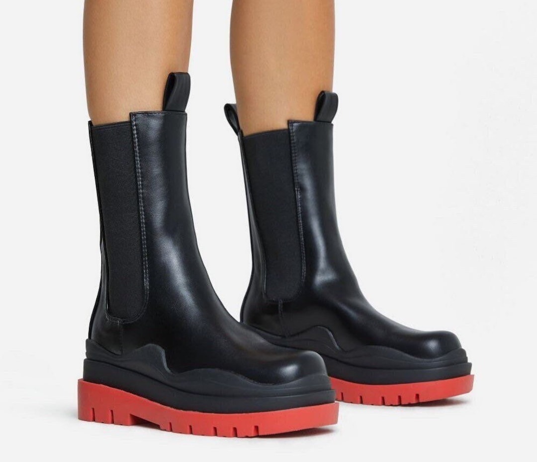 NWB Black Chelsea Mid-calf Pleather Boots Neon Orange Soles Chunky ...