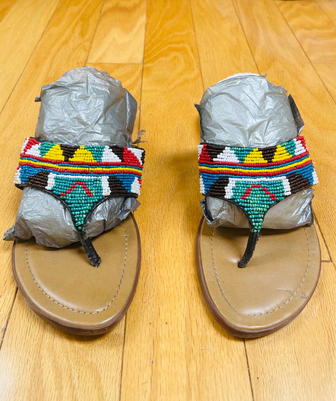 African Handmade Leather Thong Sandals Hand Beaded Multi-colors Beads ...