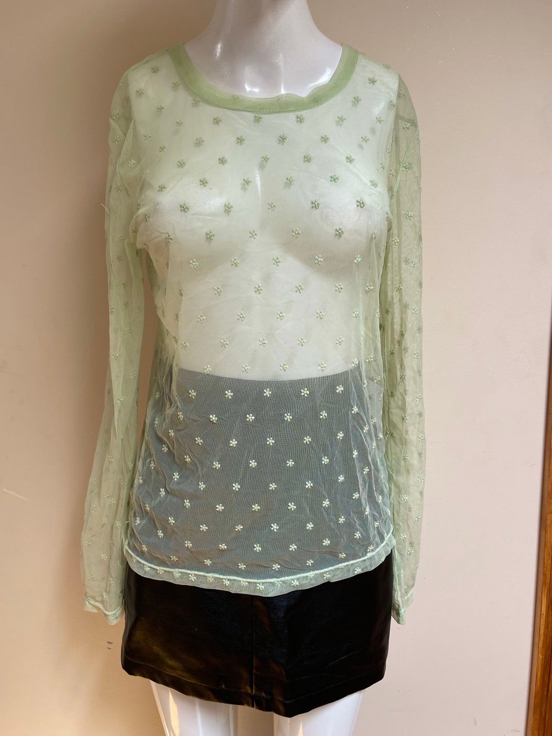 90s Floral Net Pullover Top Mint Green Netting All Over Pattern ...