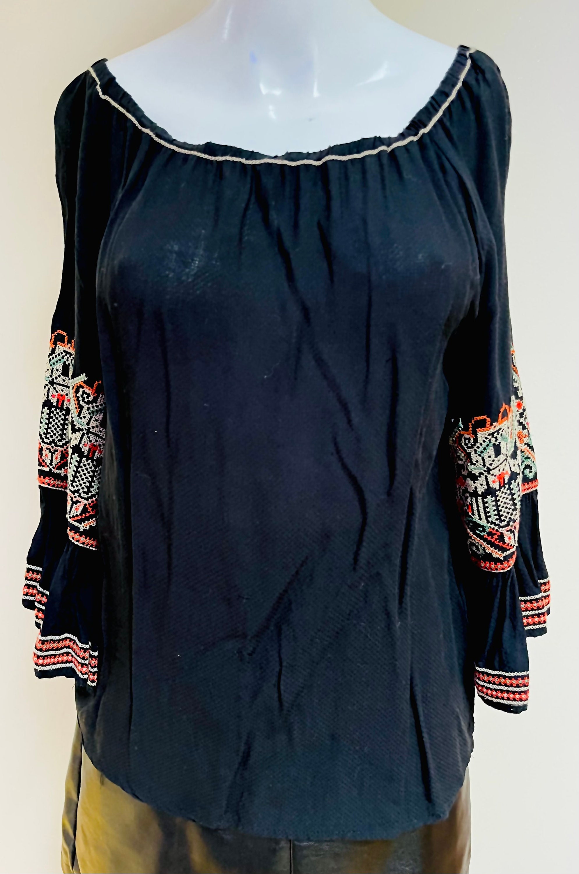 70s Black Peasant Blouse Hand Embroidered Folk Pattern Embroidery Boat ...