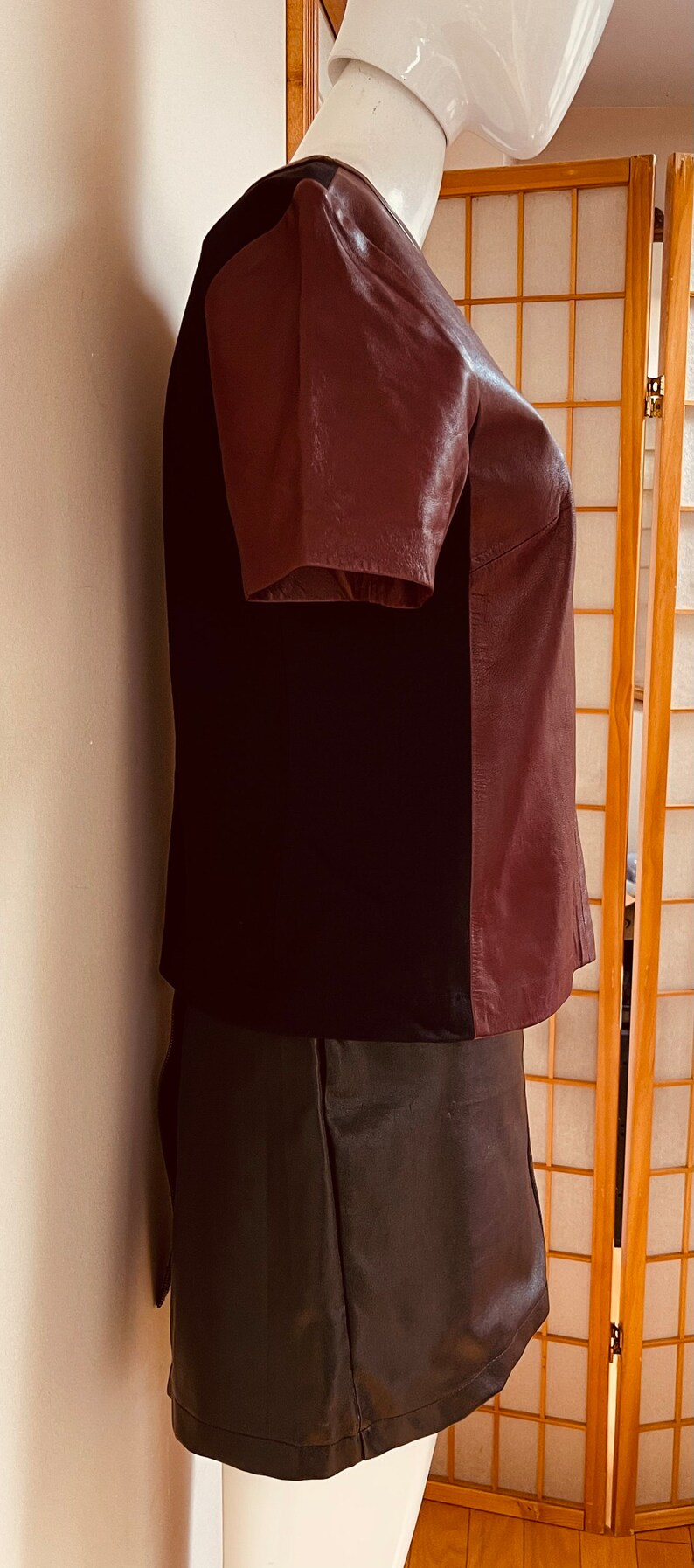 Burgundy-brown Leather Top Y2K Colorblock Burgundy-brown & Black Top ...