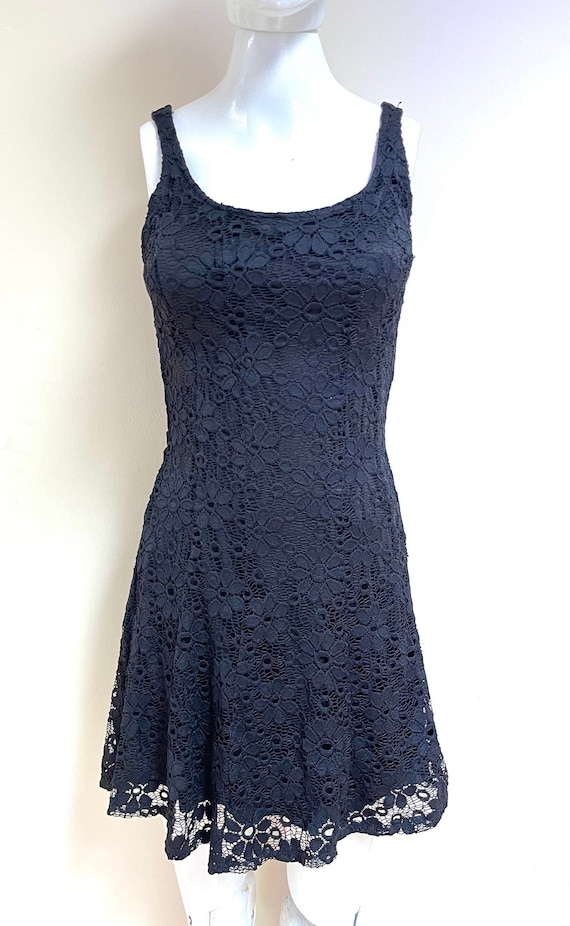 80s Black Floral Lace Party Frock Sexy Flirty Fully L… - Gem