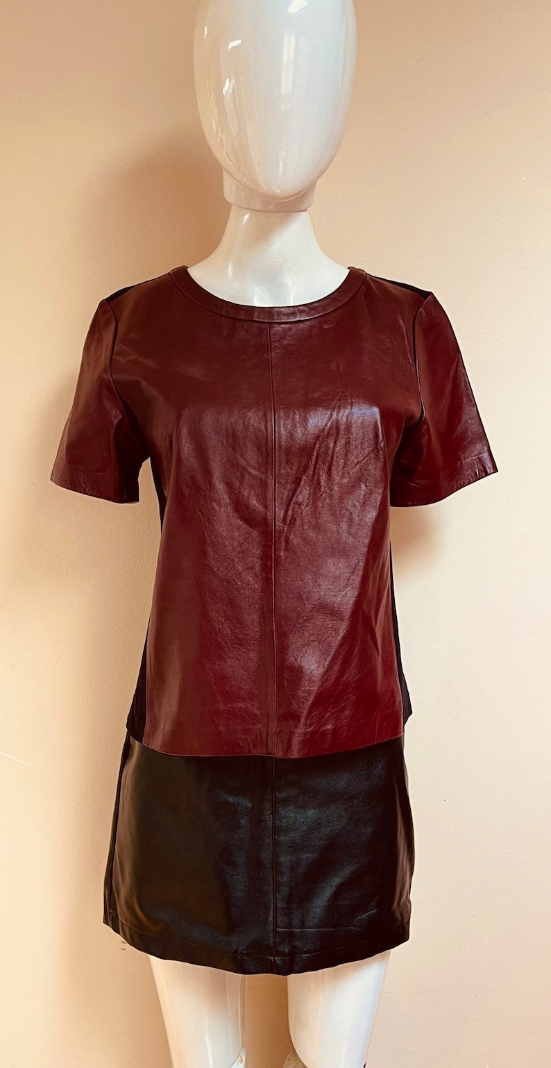 Burgundy-brown Leather Top Y2K Colorblock Burgundy-brown & Black Top ...