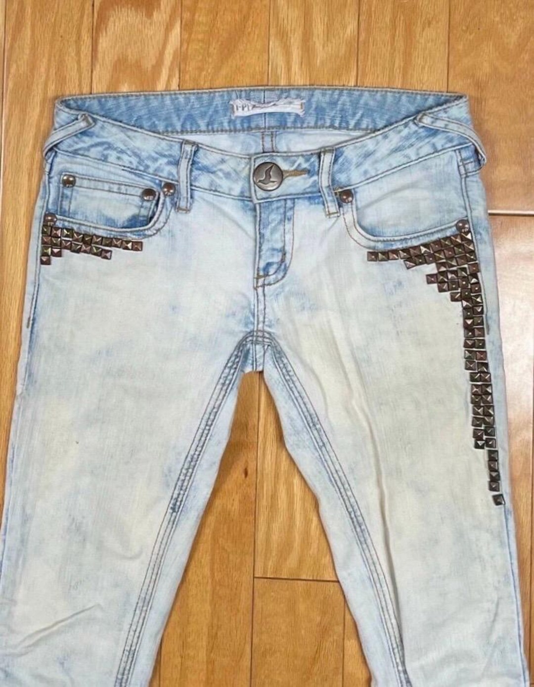 RARE 80s Free People Acid Wash Jeans Brass Studs Light Blue Skinny ...