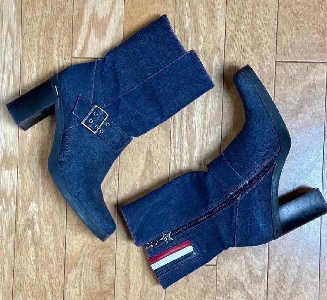 Tommy Hilfiger 90s Denim Booties Blue Jean Zipper Pilgrim Buckle Ankle ...
