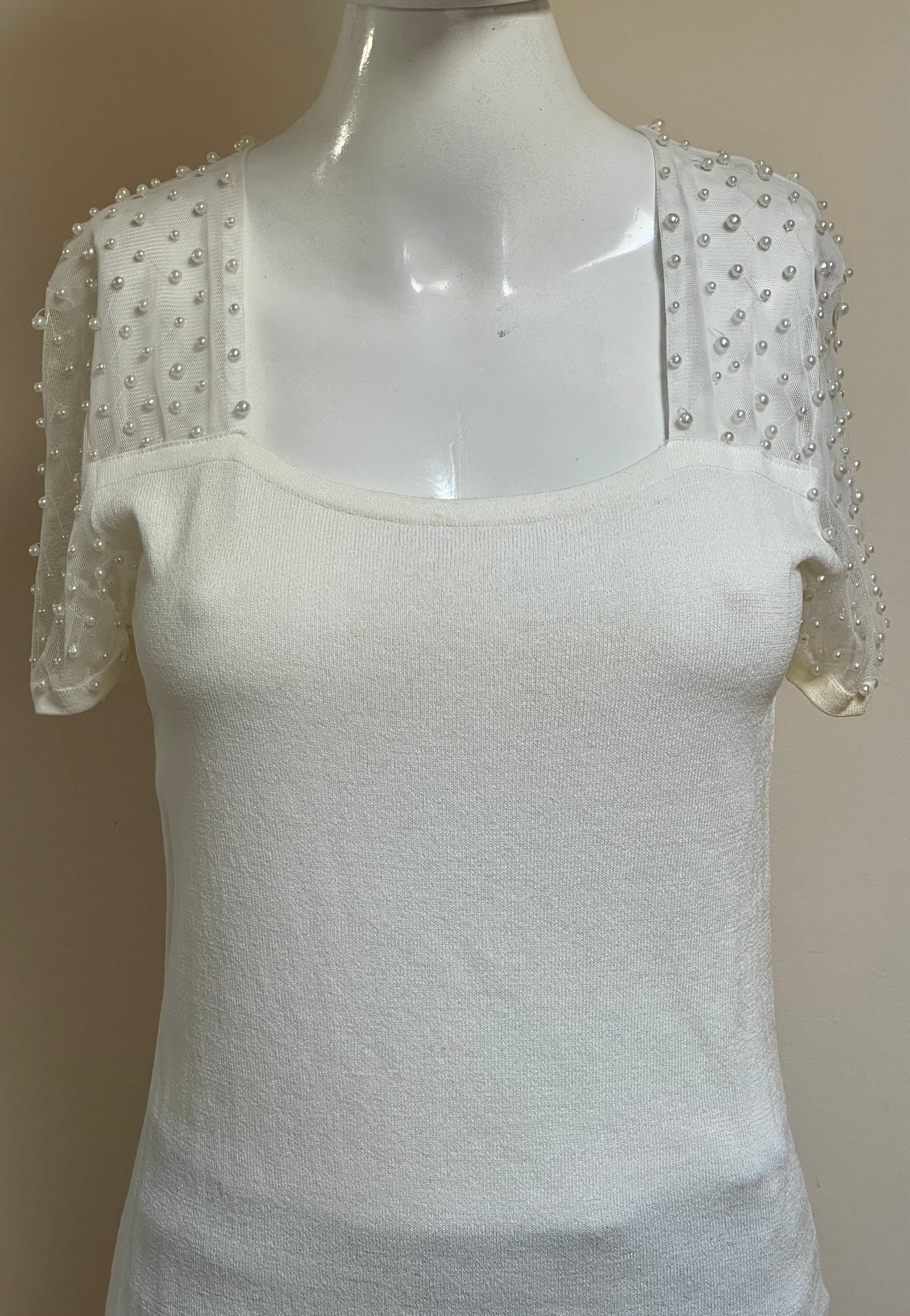 Pearl Embellished White Knit Pullover & Sheer Mesh Netting Party Top ...