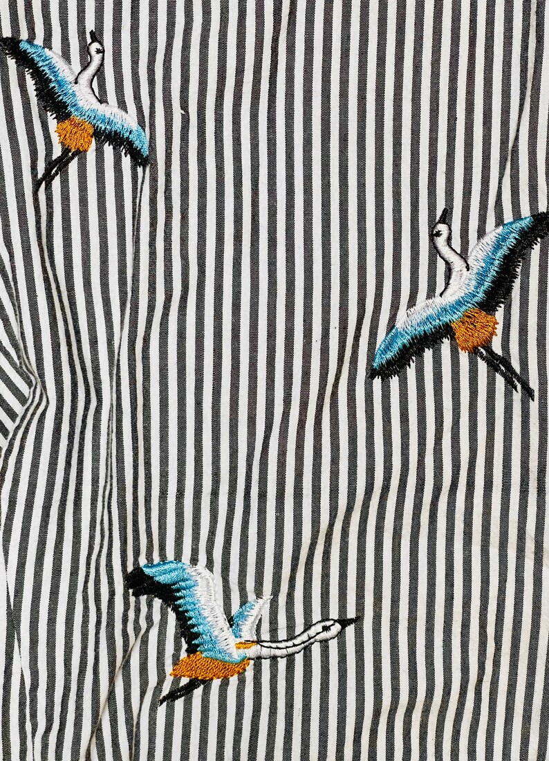 Y2K Striped Shirt Embroidered Cranes Blue & White Stripes Base ...