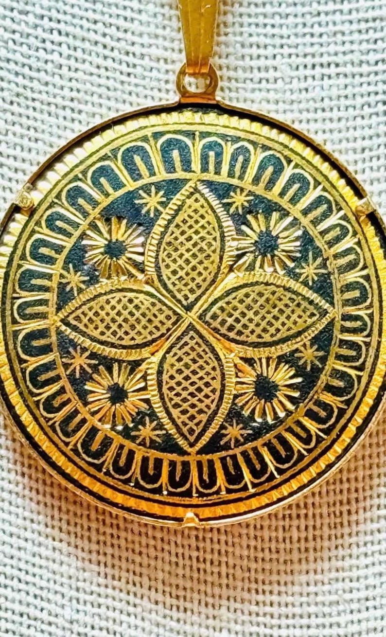 1970s Spanish Damascene Medallion Gold & Black Enamel Floral Engraved ...