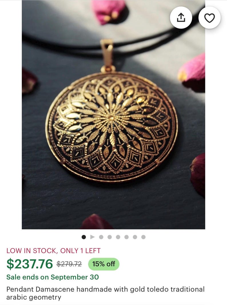 1970s Spanish Damascene Medallion Gold & Black Enamel Floral Engraved ...