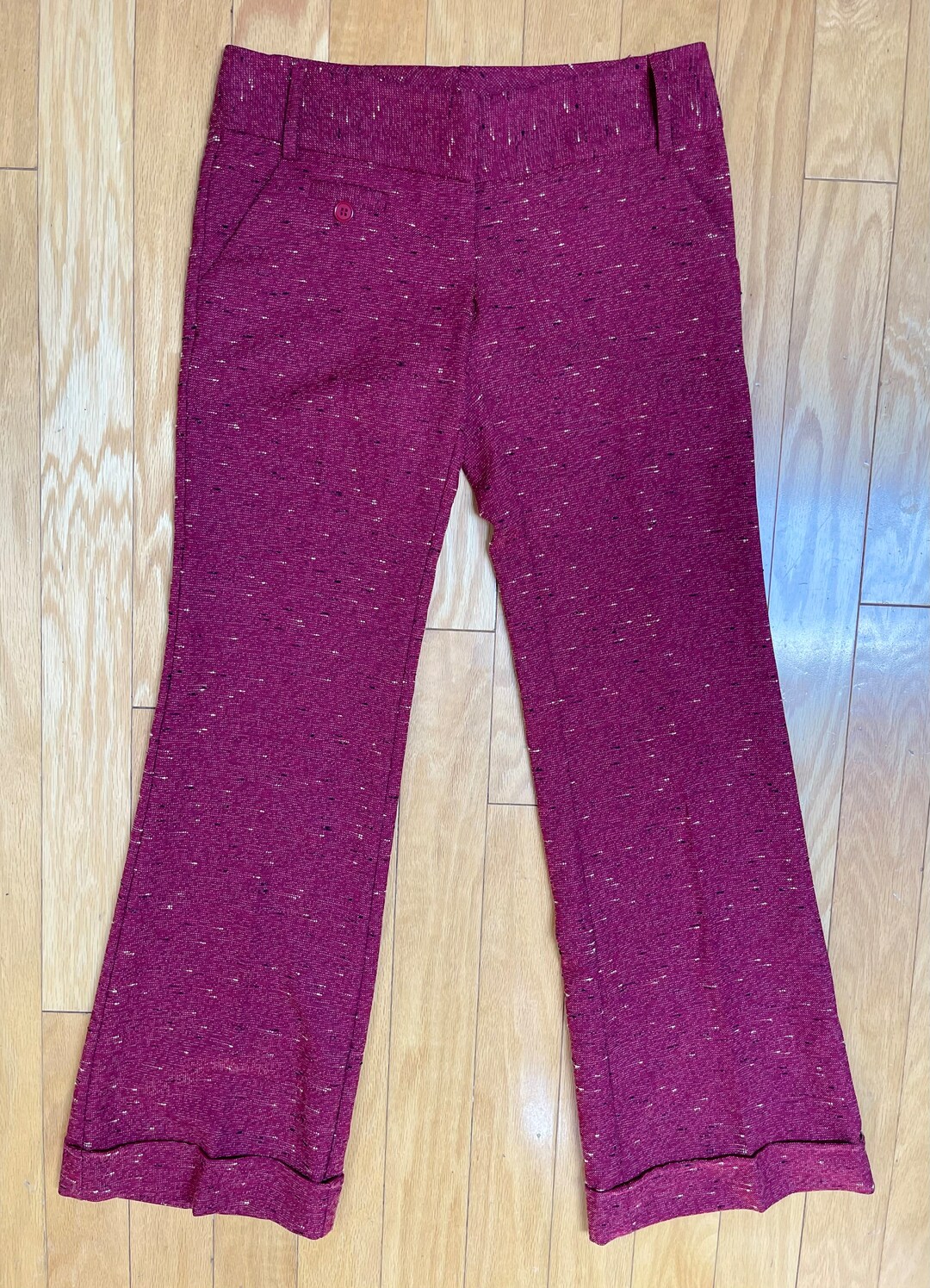 80s Cherry Red Popcorn Tweed Flecked Trousers Pants Cuffed Hems Side ...