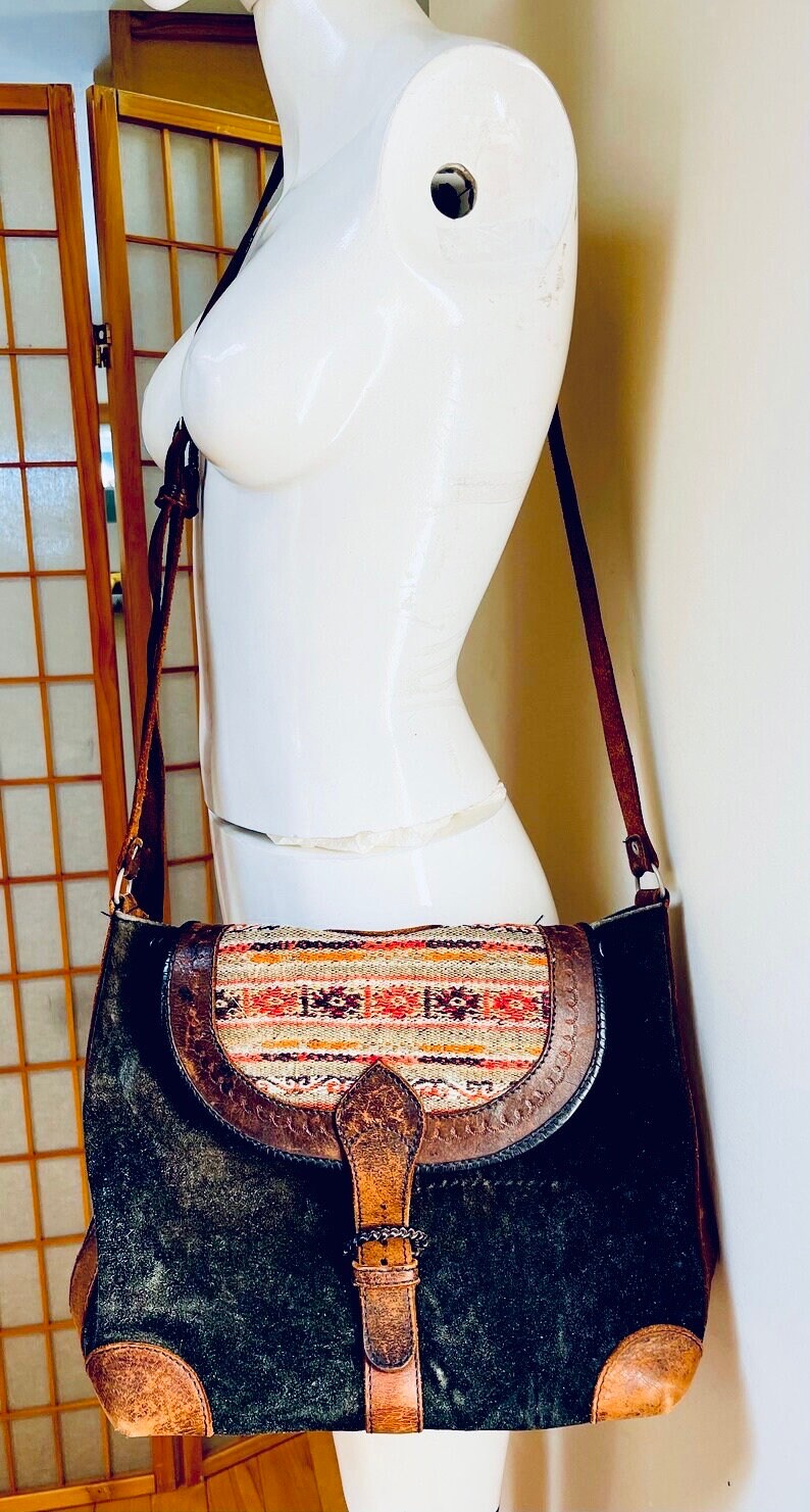 60s Suede Leather & Woven Fabric Bohemian Hippie Satchel Style Purse ...
