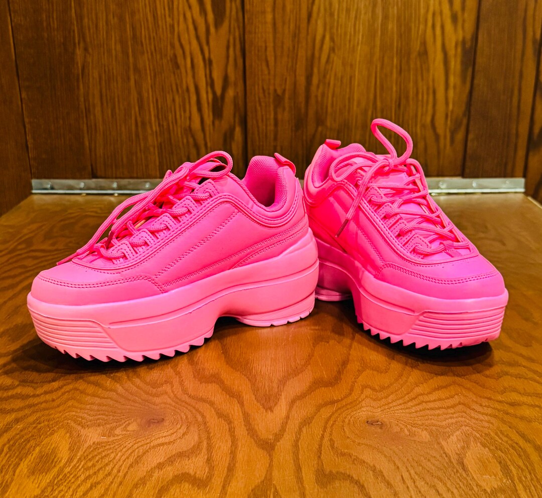 Deadstock 90s Pretty Neon Pink Platform Sneakers Stacked Club Kid Lace ...