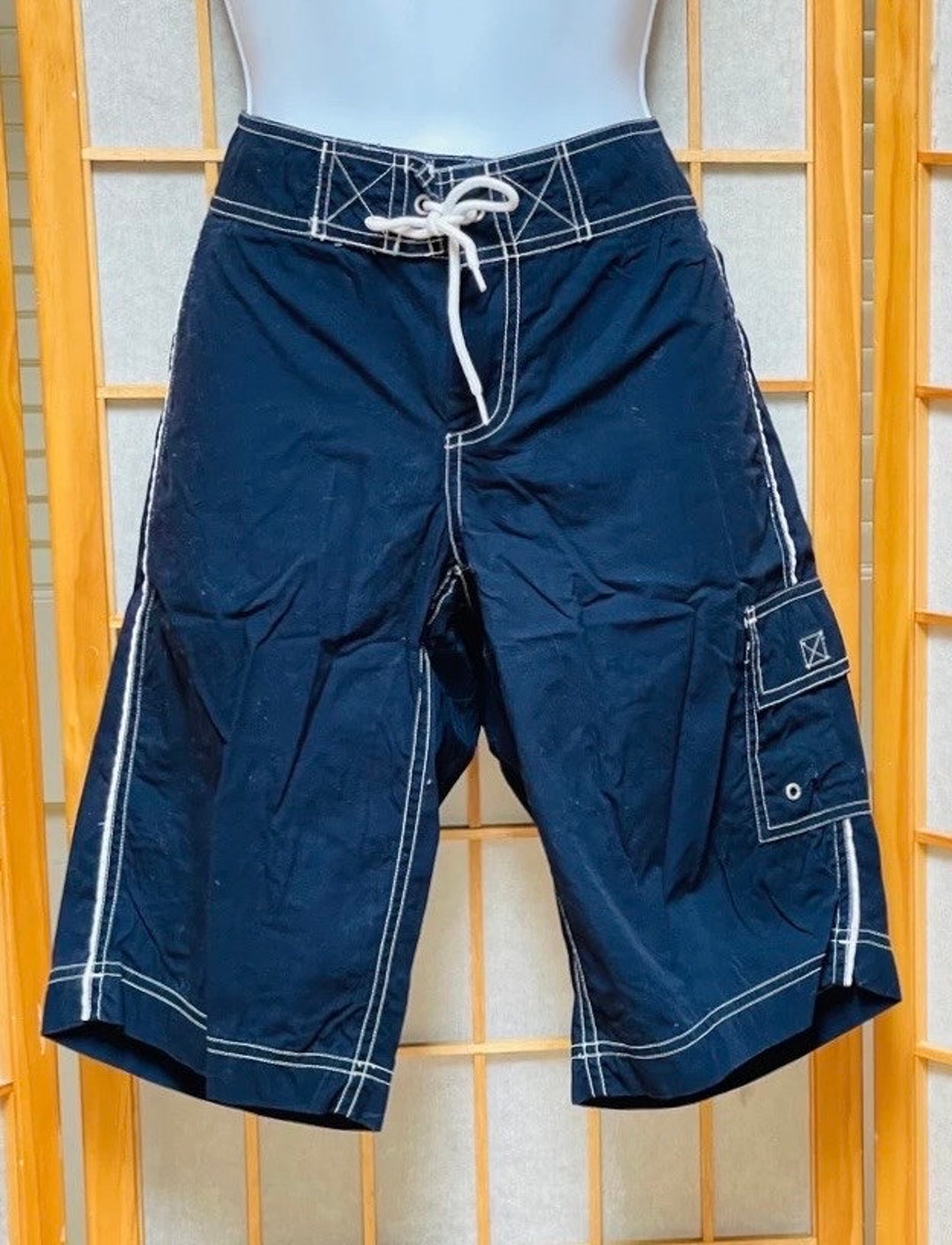 90s J. Crew Navy Blue Swim Trunks / Board Shorts Cargo Side Pocket ...