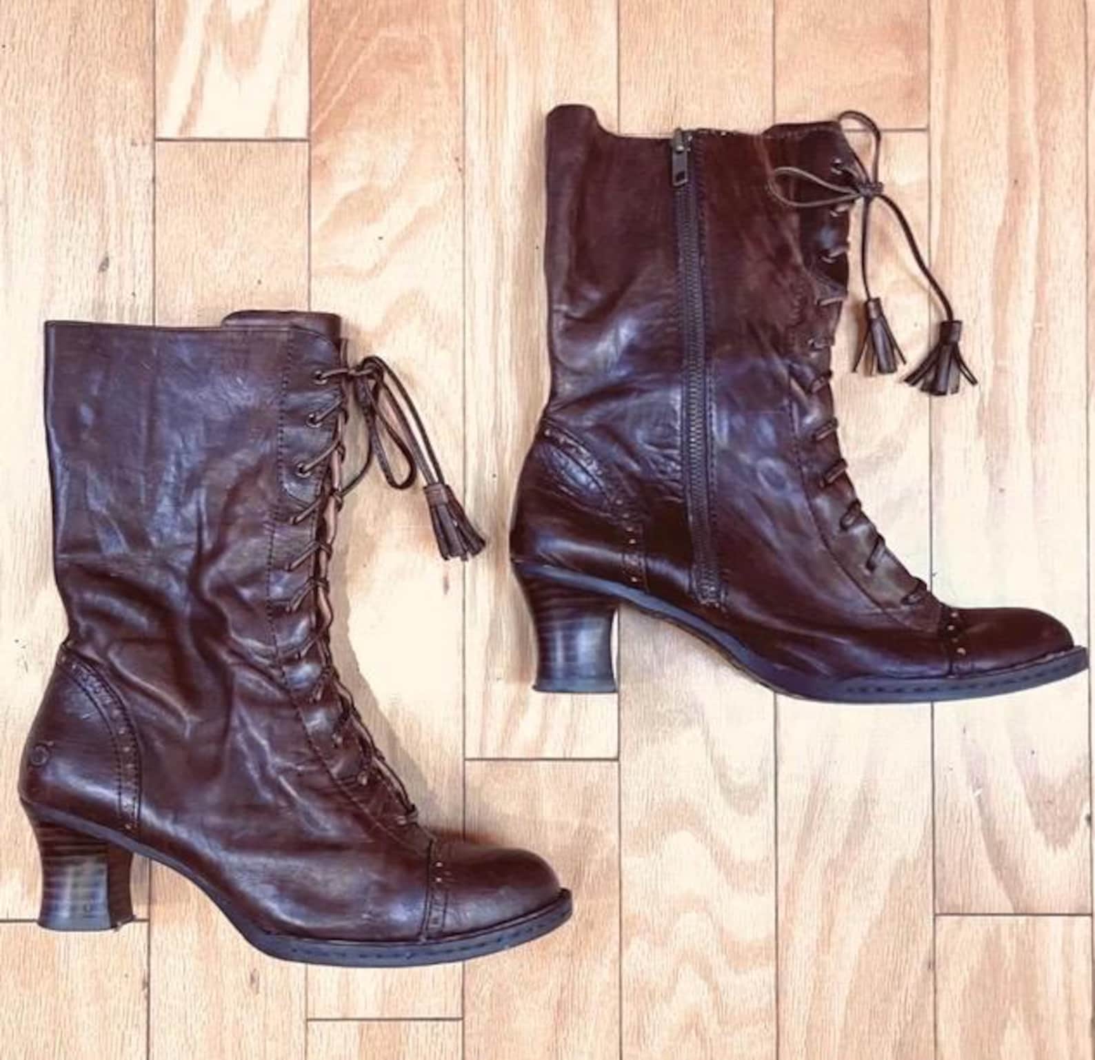 BORN Vintage Leather Handcrafted Boots Victorian Style Lace up Whiskey ...