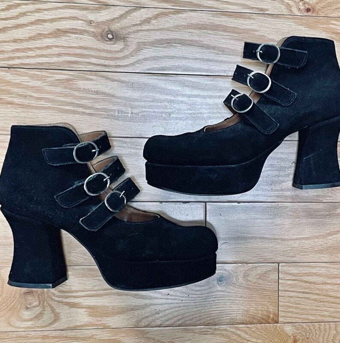 90s London Underground Black Suede Mary Jane Pilgrim Club Heels Goth ...