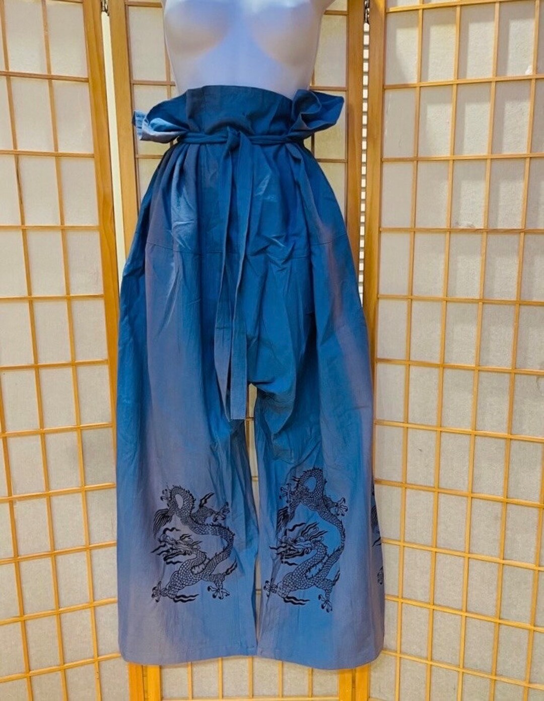 Vintage Dragon Silkscreen Blue & Black Paperbag Waist Parachute Pants ...