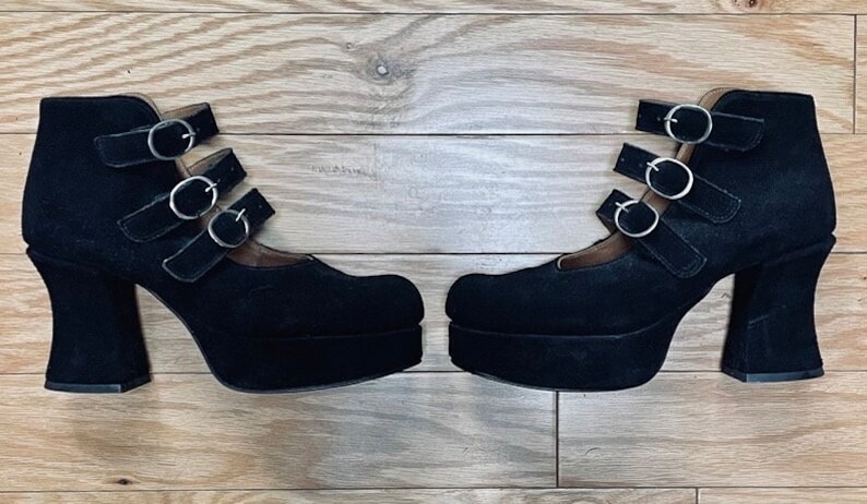 90s London Underground Black Suede Mary Jane Pilgrim Club Heels Goth ...