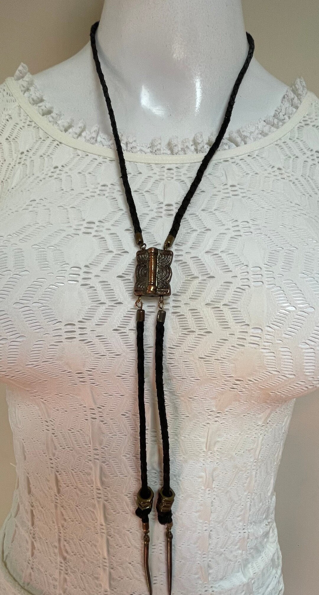 Thin Braided Leather Lariat With Brass Ethnic Pendant and Brass Dangles ...