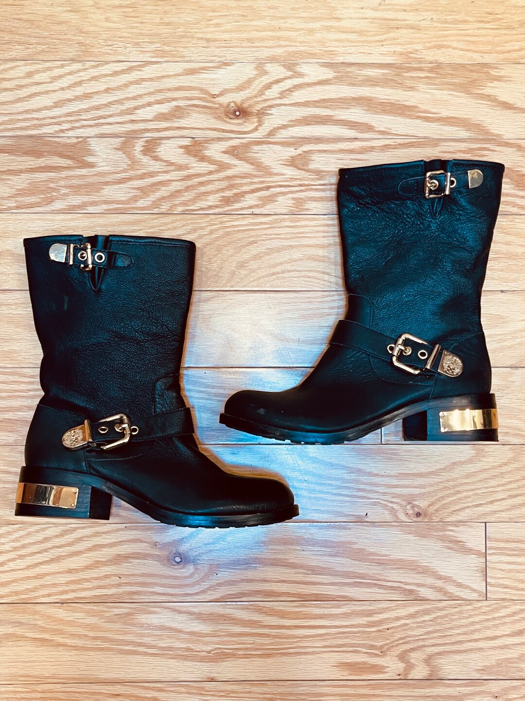 BWOB Black & Gold Moto Boots Black Leather Shiny Highly Reflective Gold ...