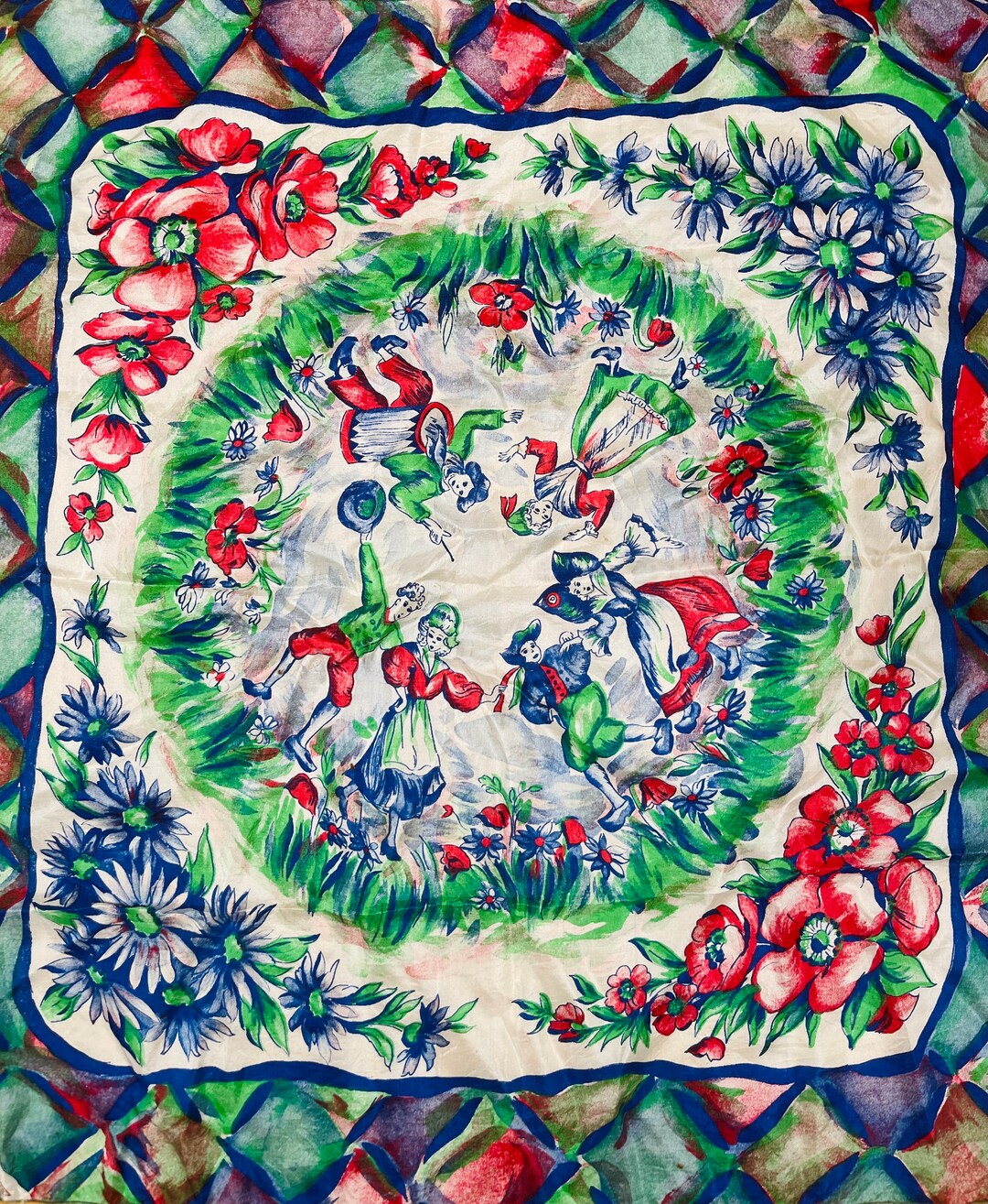 1940s 10 Momme Brico Silk Scarf Dutch Folk Dancers Vibrant Colors ...