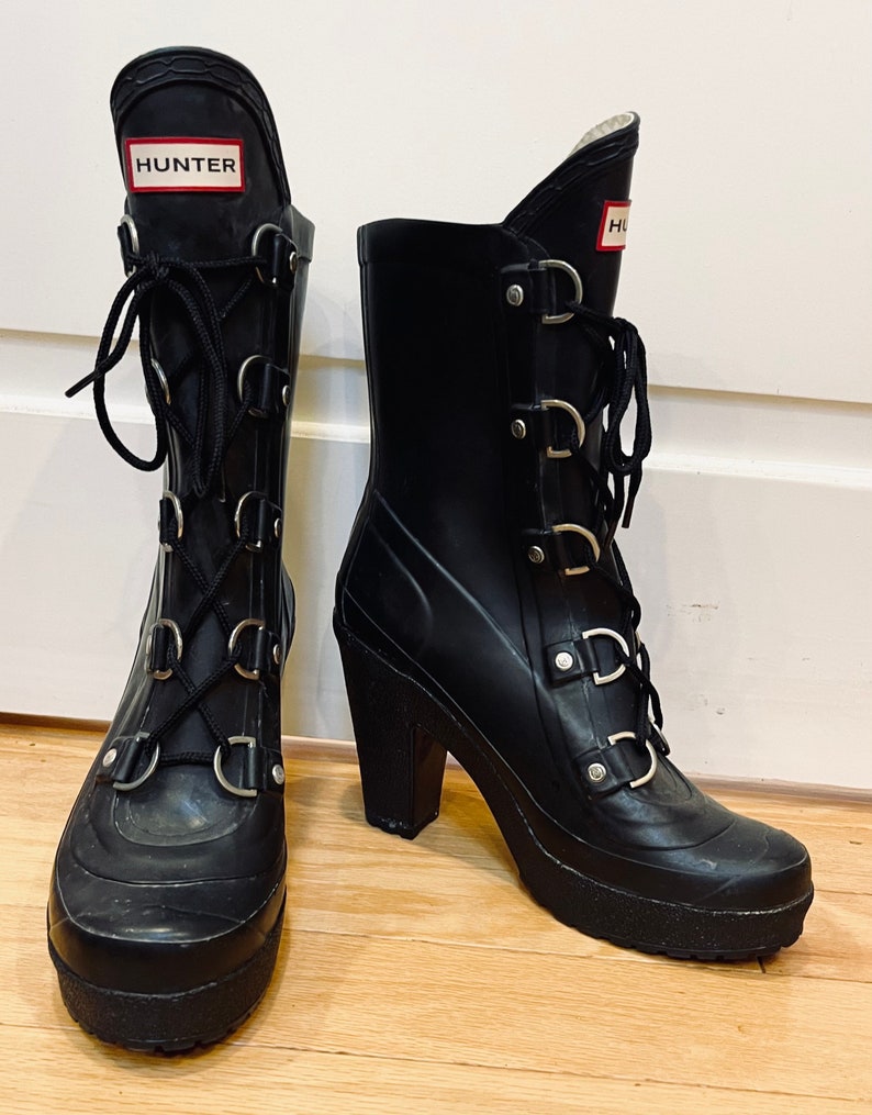 RARE Hunter Limited Edition Black “gabby” Lace-up High Heel Rain Boot ...