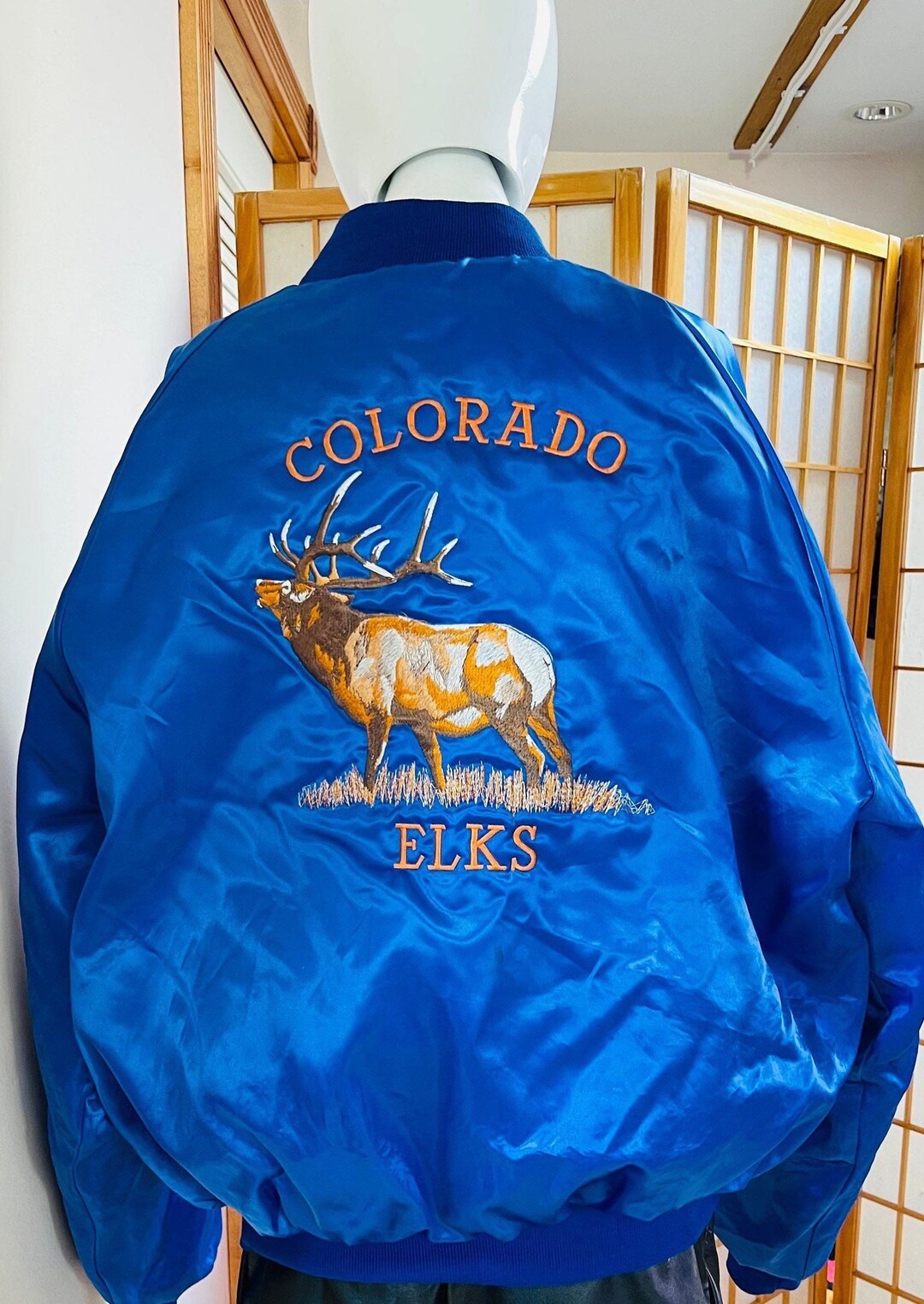 Vintage Colorado Elks Embroidered Bright Blue Satin Bomber Jacket ...