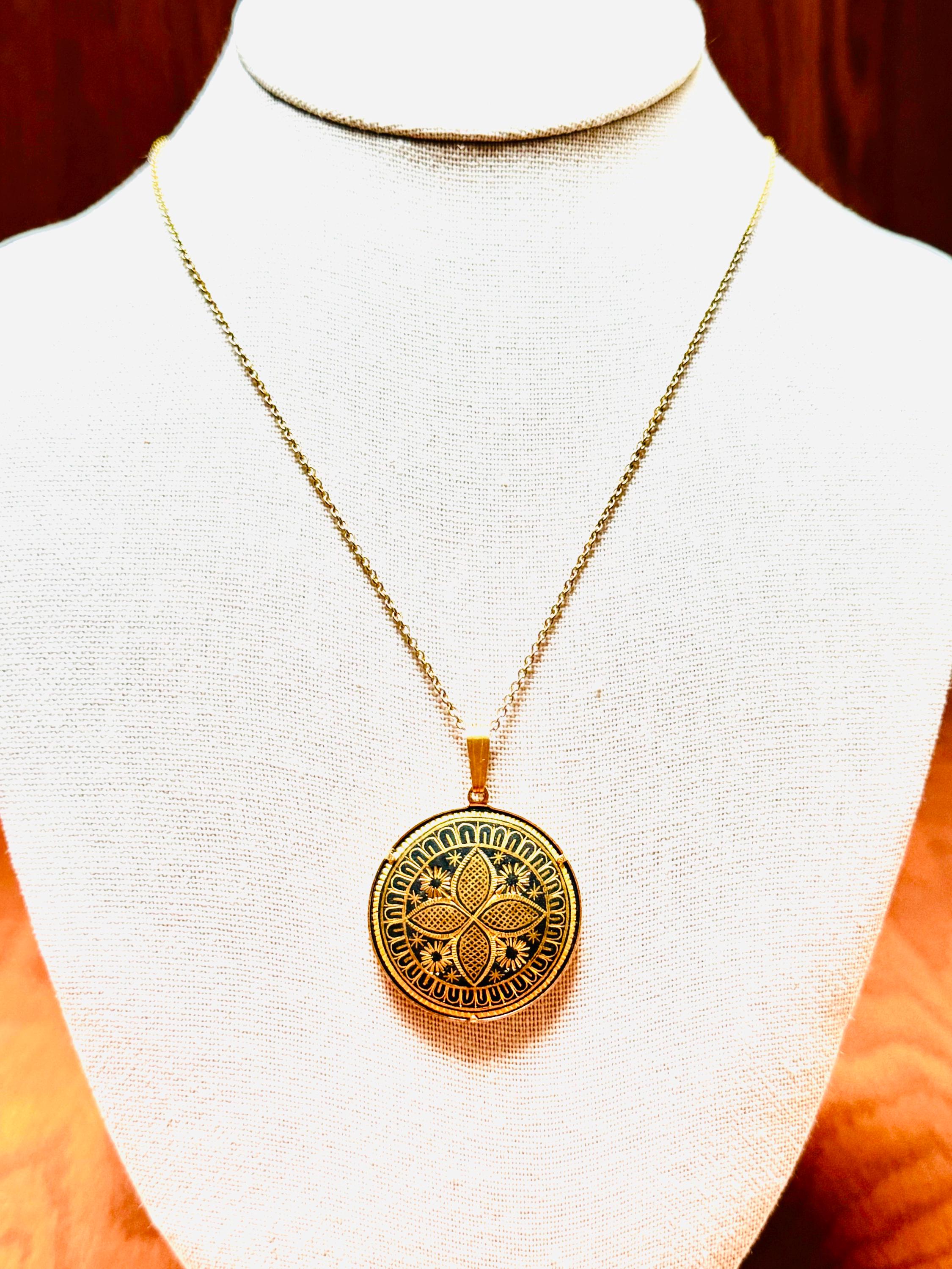 1970s Spanish Damascene Medallion Gold & Black Enamel Floral Engraved ...
