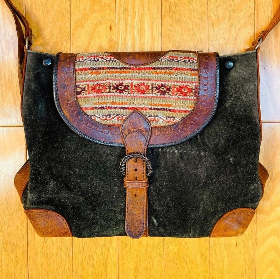 60s Suede Leather & Woven Fabric Bohemian Hippie Satchel Style Purse ...