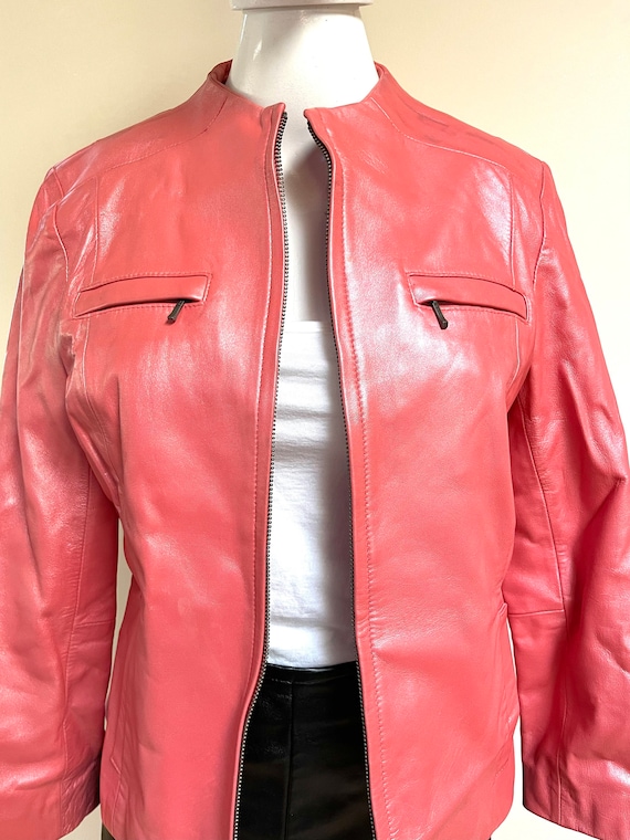 1980s Peach Lipstick Leather Moto Jacket Silver Tone … - Gem