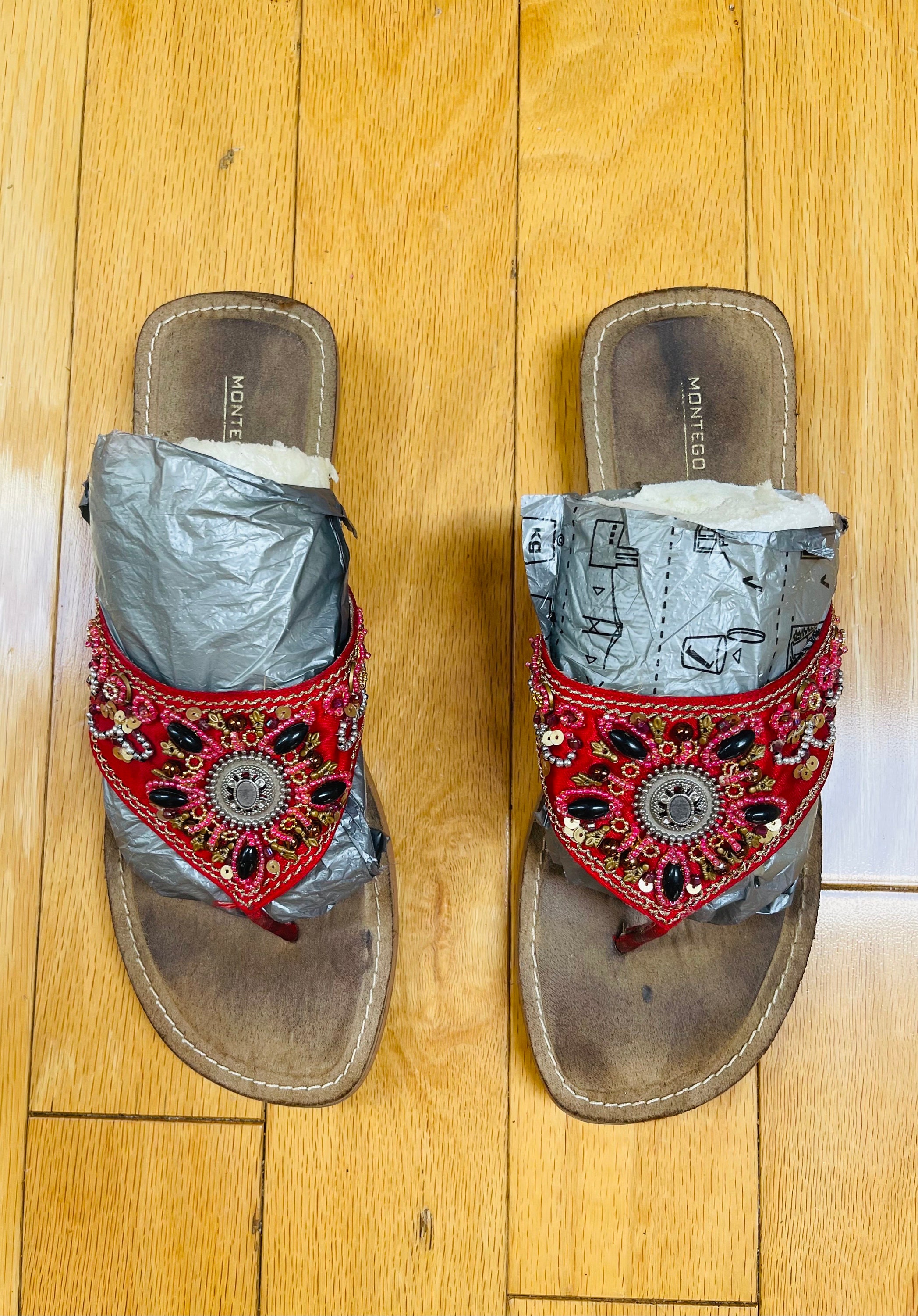 Sparkly Sequins + Beaded Red & White Fabric Sandal Thong Sandals Boho ...