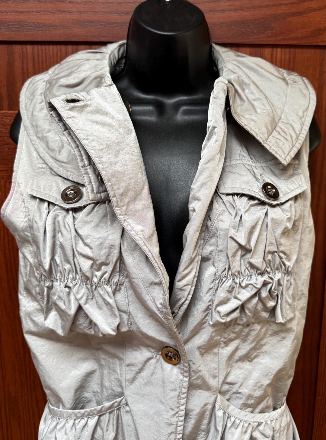 90s Silver Puffy Vest Darling Shawl Collar Multiple Pleated Pockets ...