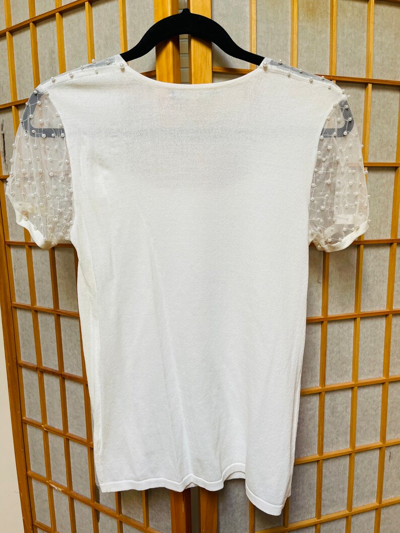 Pearl Embellished White Knit Pullover & Sheer Mesh Netting Party Top ...