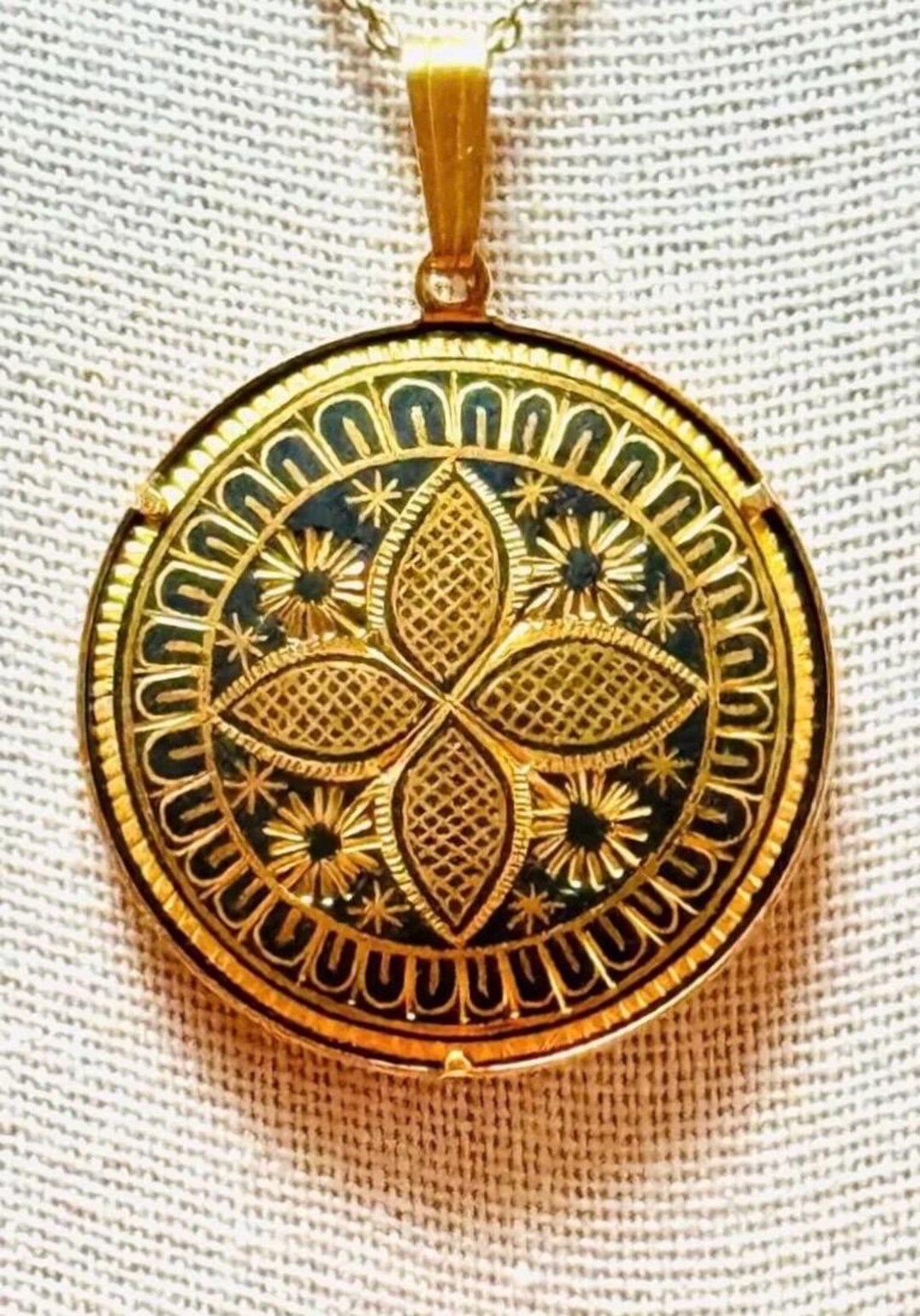 1970s Spanish Damascene Medallion Gold & Black Enamel Floral Engraved ...