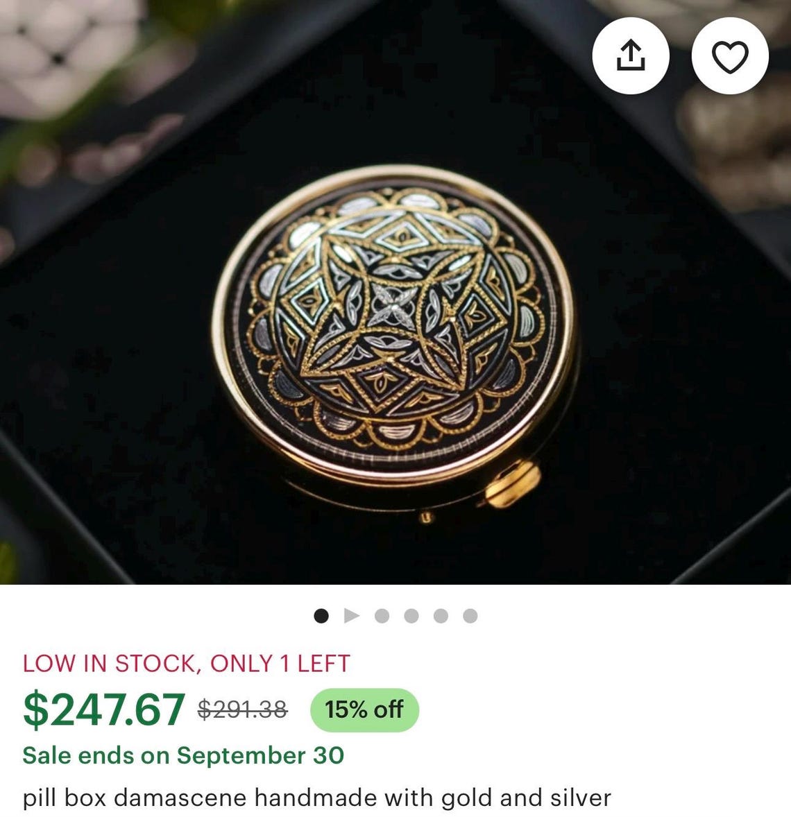 1970s Spanish Damascene Medallion Gold & Black Enamel Floral Engraved ...