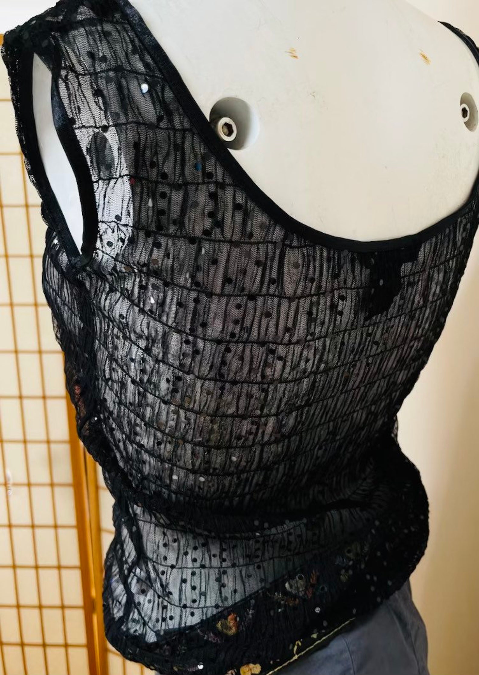 Mesh & Sequins Sheer Net Netting Pullover Top Sleeveless Top Wide Scoop ...