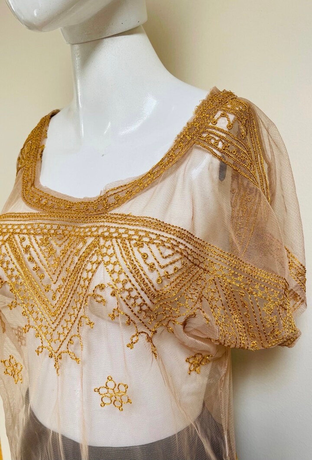 Victorian / Edwardian Style Handmade Gold Embroidered Sheer Netting ...