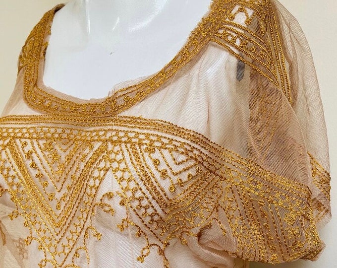 Victorian / Edwardian Style Handmade Gold Embroidered Sheer Netting ...