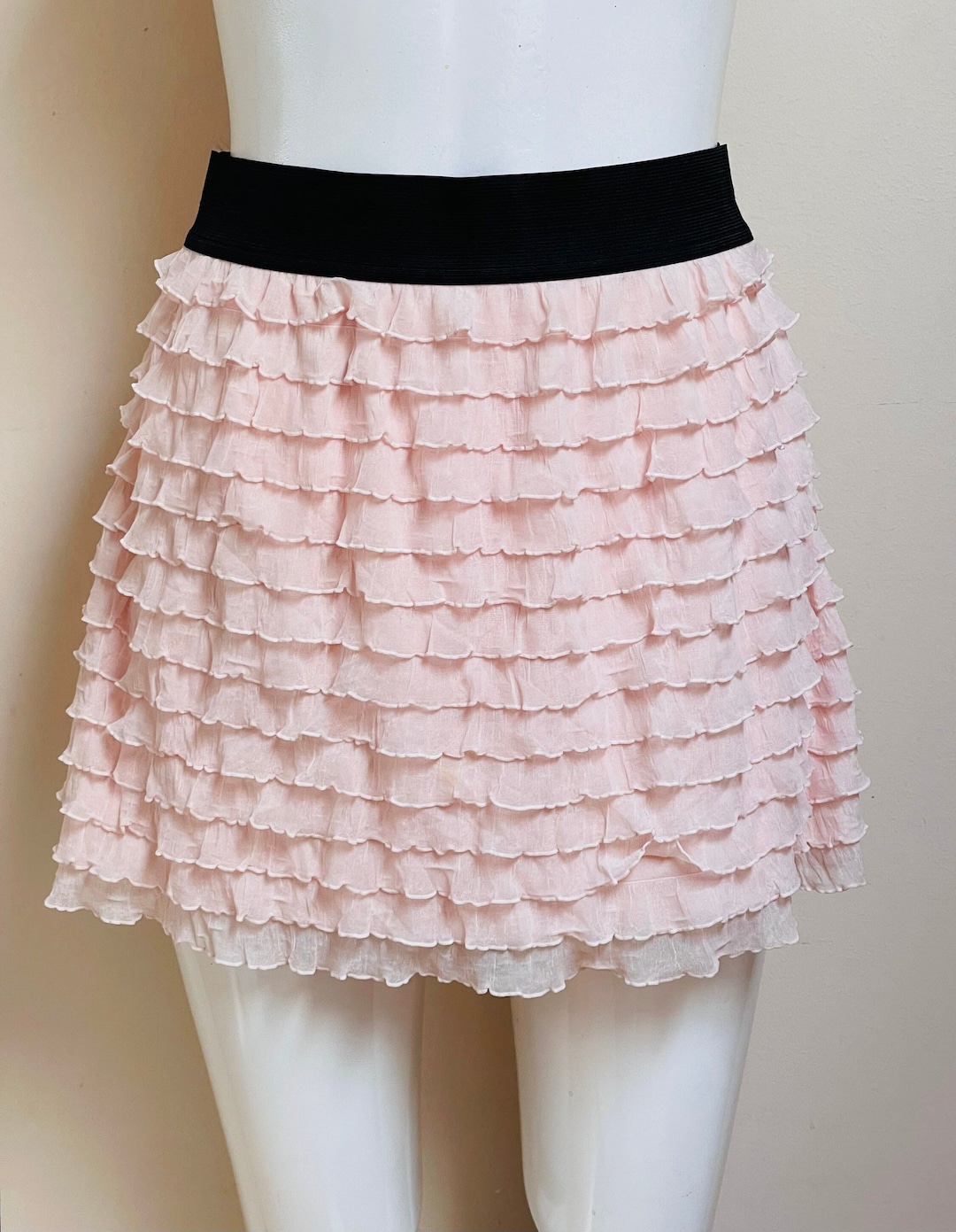 90s Baby Pink Mini Skirt Ruffled + Layered + Tiered Black Elastic Waistband Egirl Boho Fairy ...