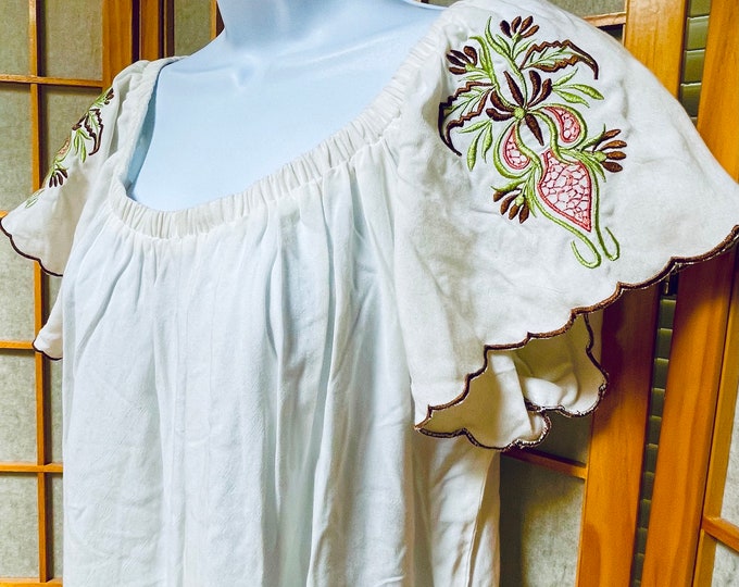 70s Off-white Cotton Peasant Smock Tunic Dress Brown Green Floral ...