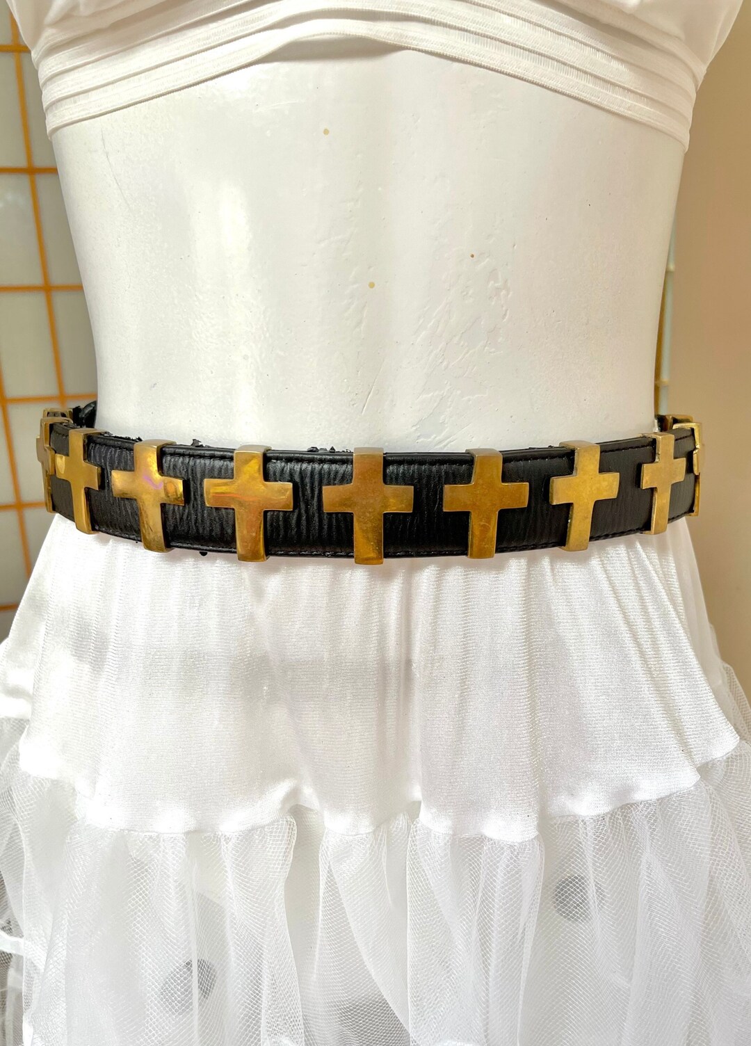 1990s Gold Crosses Belt Black Leather Belt Well Made Solid Weight Goth ...