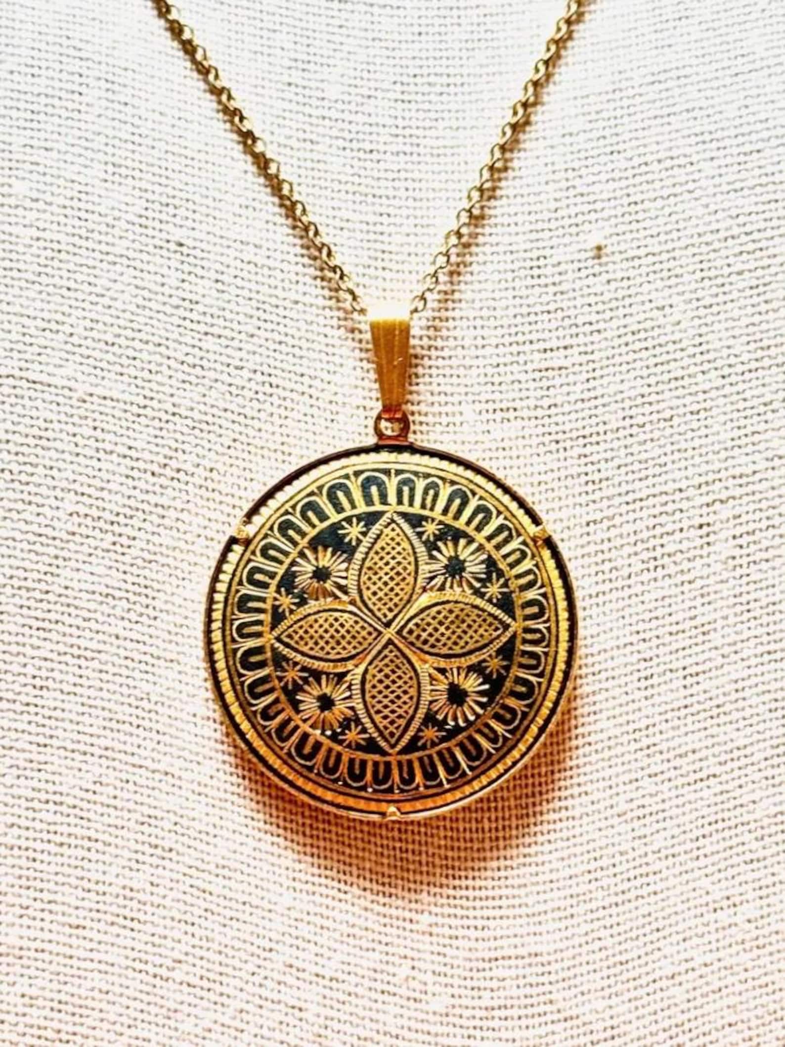 1970s Spanish Damascene Medallion Gold & Black Enamel Floral Engraved ...